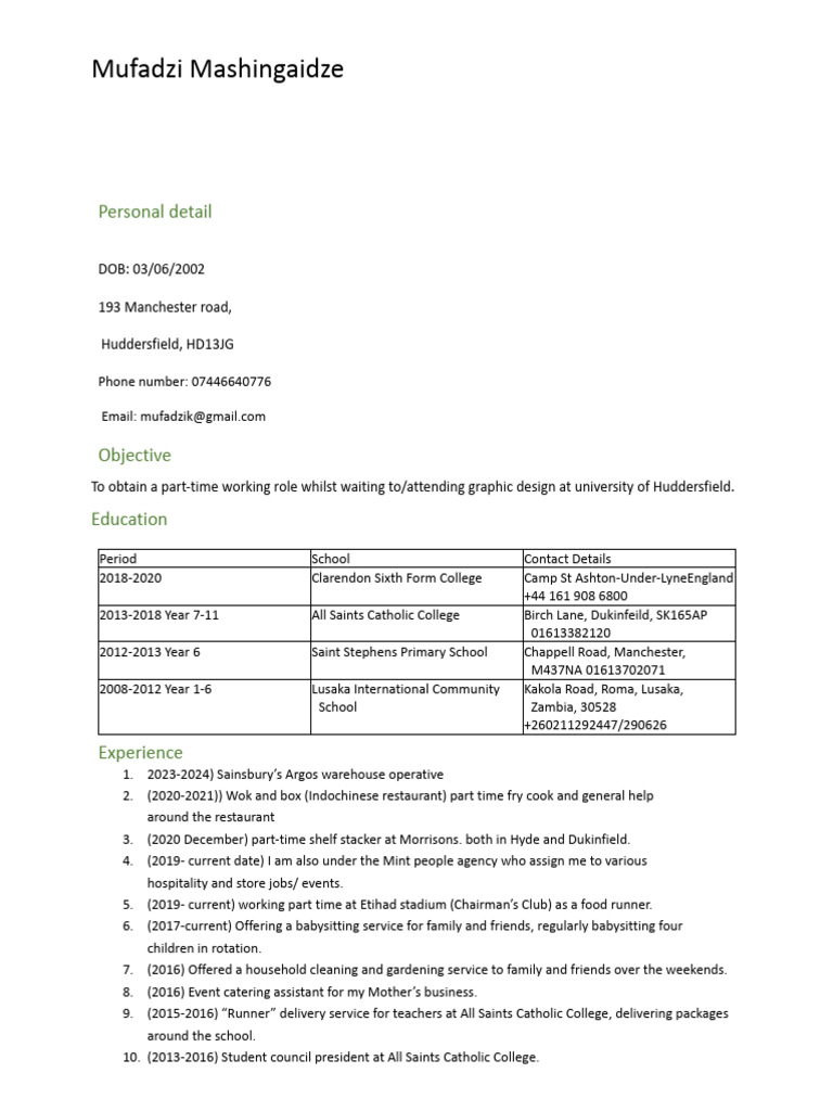 Mufadzi Mashingaidze's CV Summary | PDF | Career & Growth