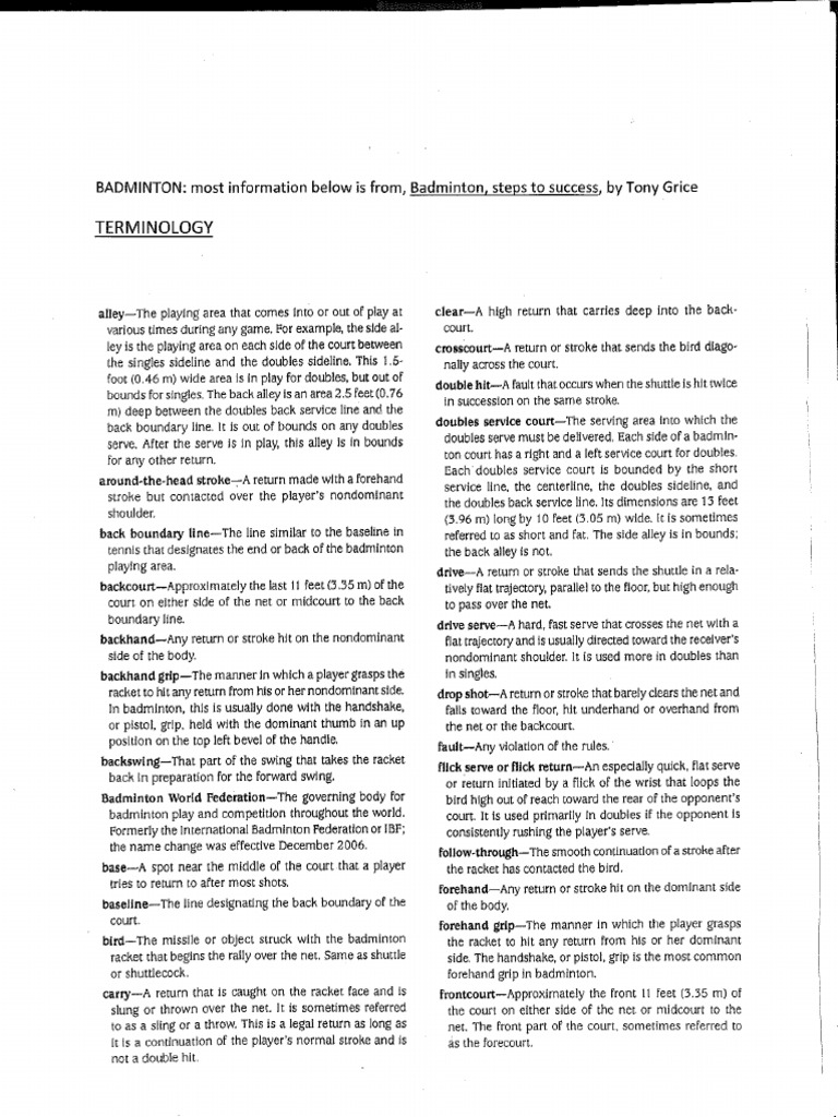 Badminton Terminology | PDF