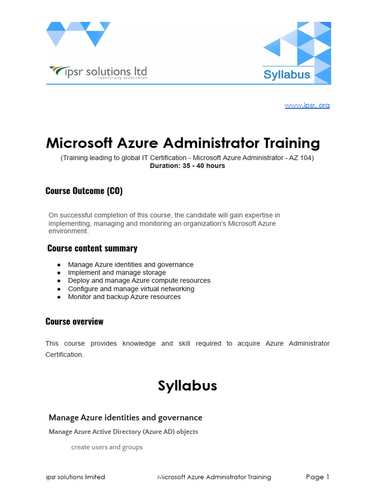 AZ 104 Microsoft Azure Administrator Training Syllabus | PDF AZ 104 Microsoft Azure Administrator Training Syllabus | PDF