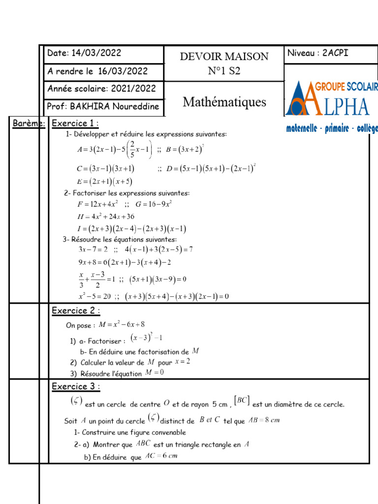 Devoir N1 Maths 2AC Semestre 2 - Modele 2 | PDF