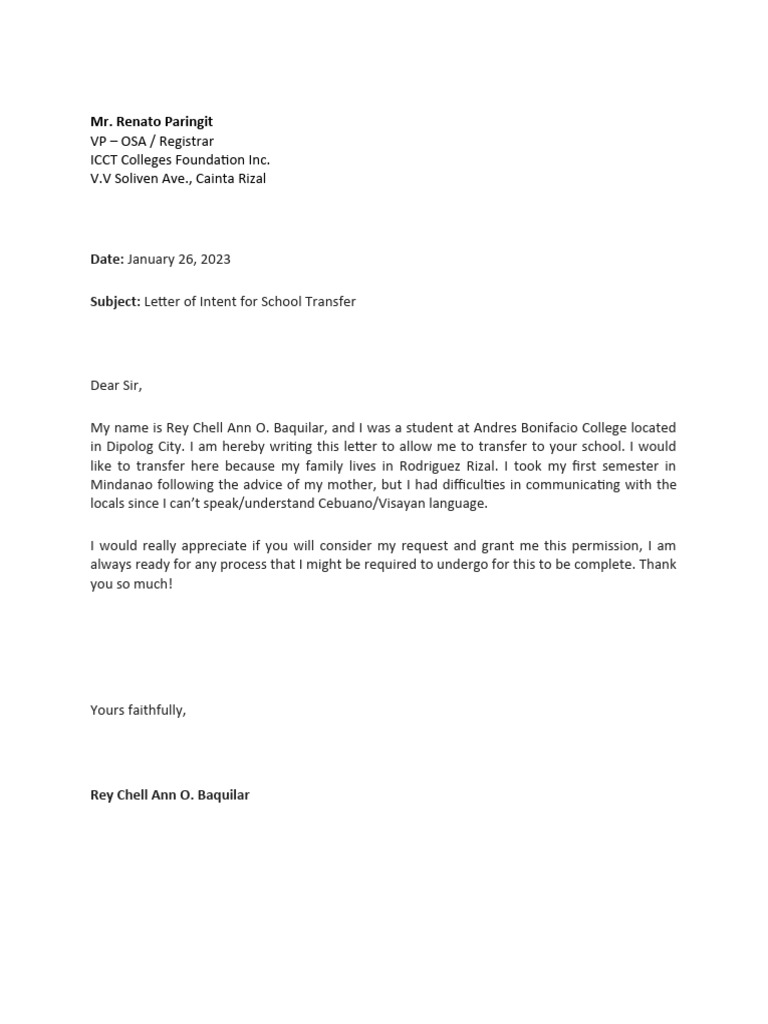 Letter of Intent-School Transfer | PDF