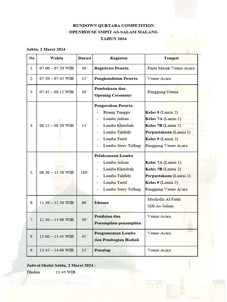 Rundown Kompetisi Qurtaba 2024 Malang | PDF