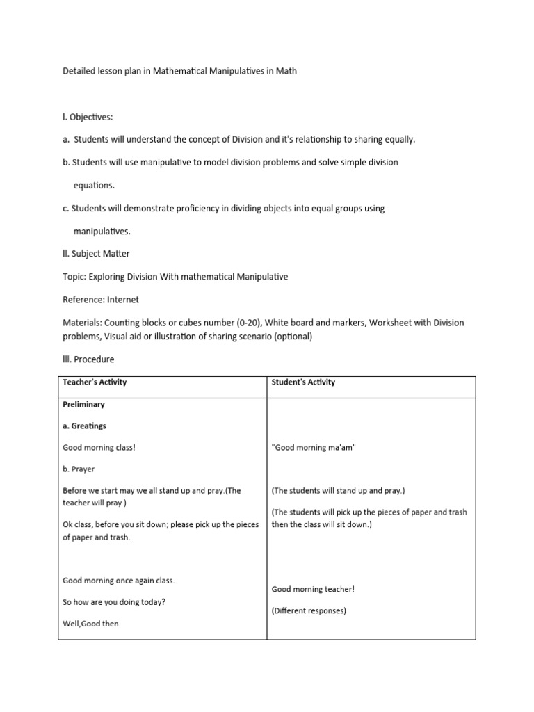 Division Lesson Plan with Manipulatives | PDF | Mathematics | Behavior ...