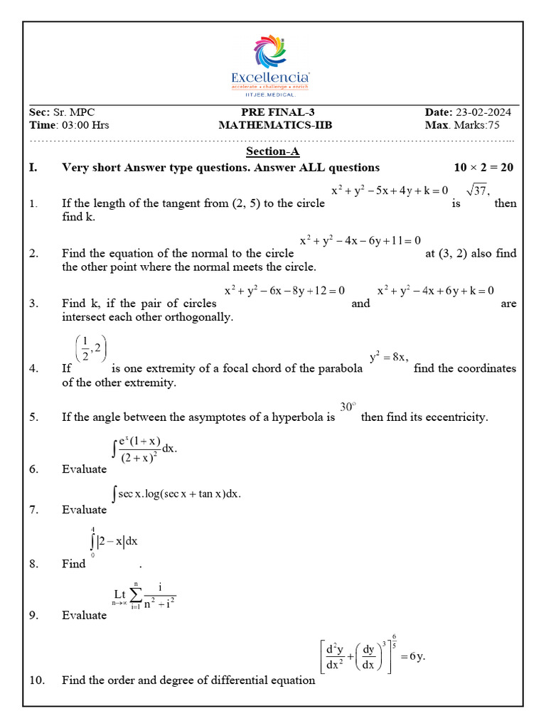 SR Maths 2B - Ipe - Pre Final-3 - 23-02-2024 | PDF