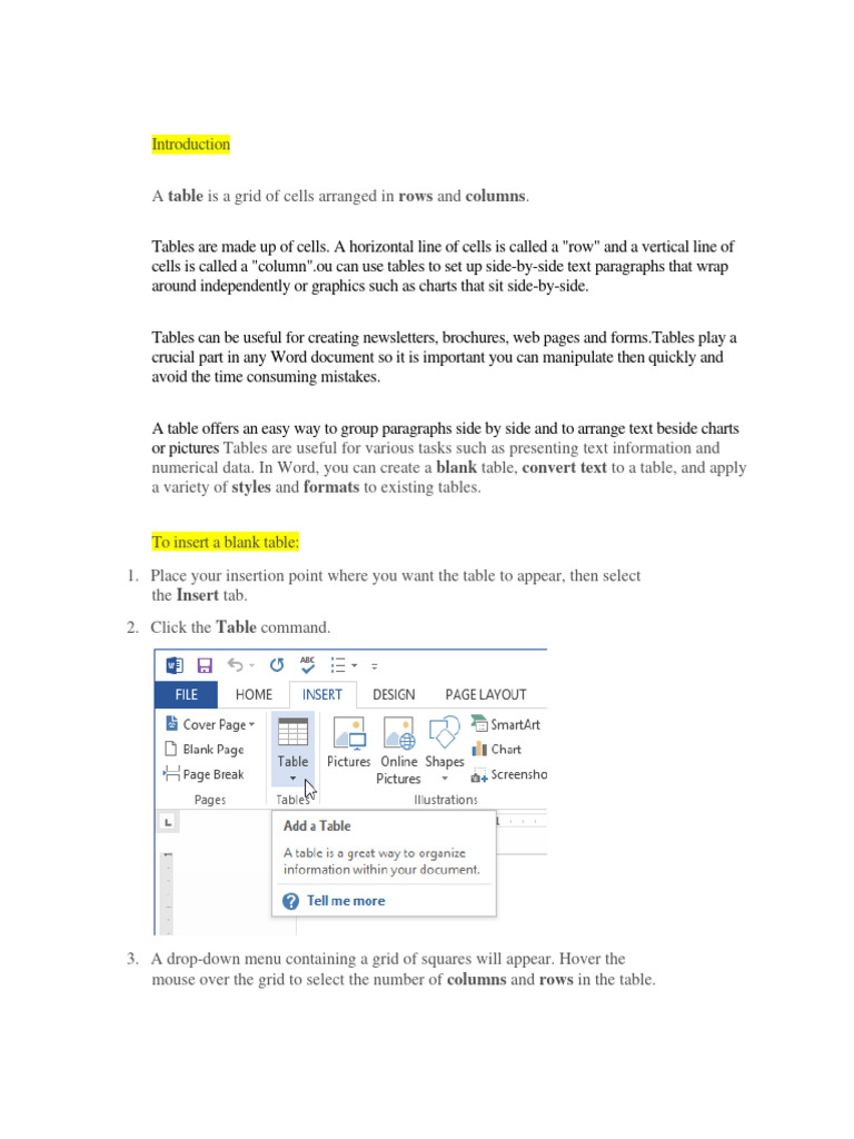 Lesson Content Ms Word Tables Pdf Software Computing