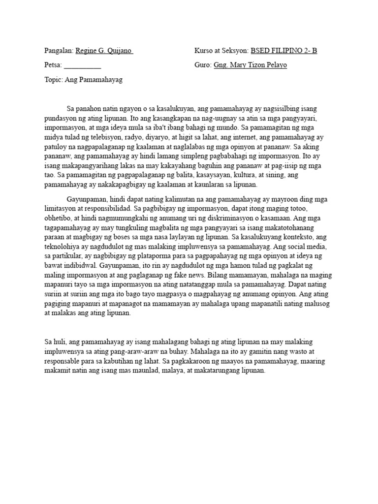 Repleksyon Sa Pamamahayag | PDF