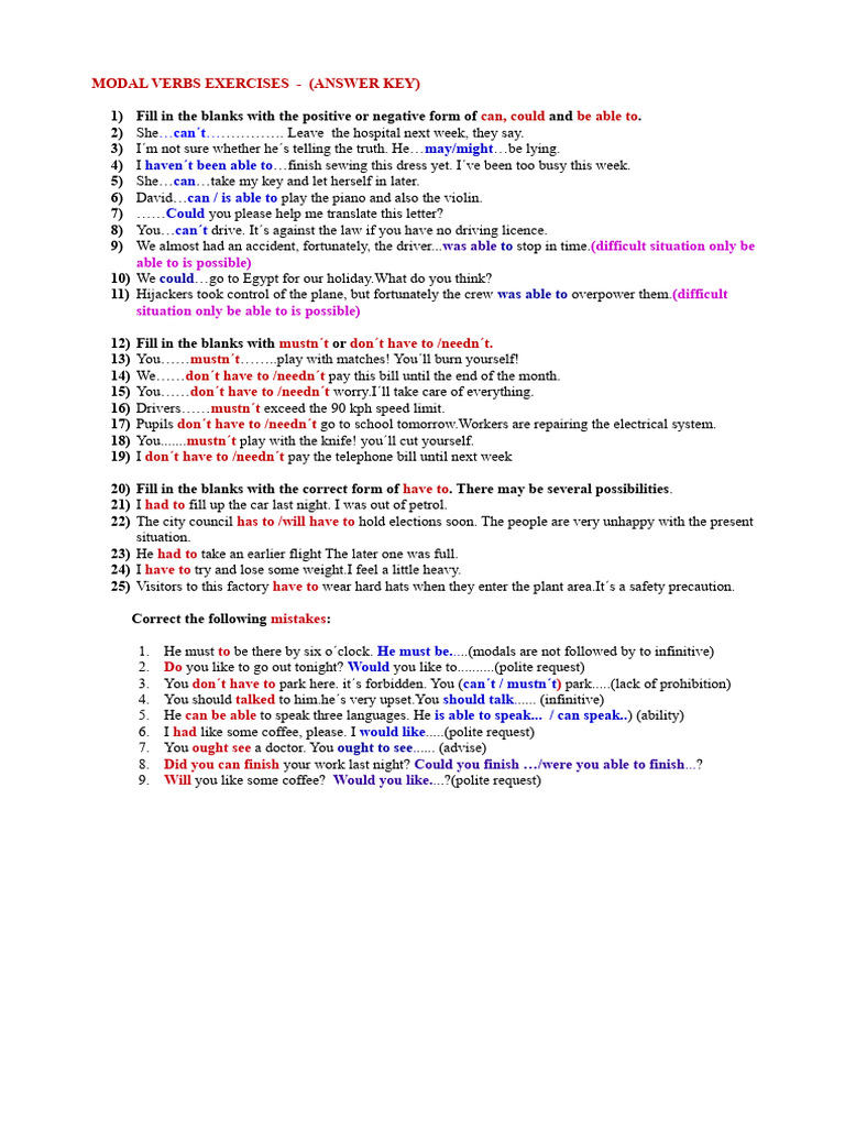 Modal Verbs Exercises - (Answer Key) | PDF