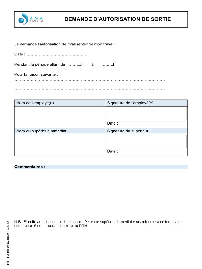 Demande - D - Autorisation - de - Sortie - FORMULAIRE | PDF