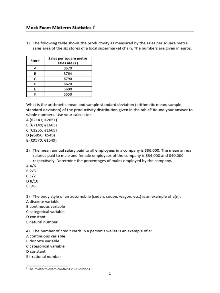 Mock Exam Midterm Statistics I | PDF | Quartile | Median