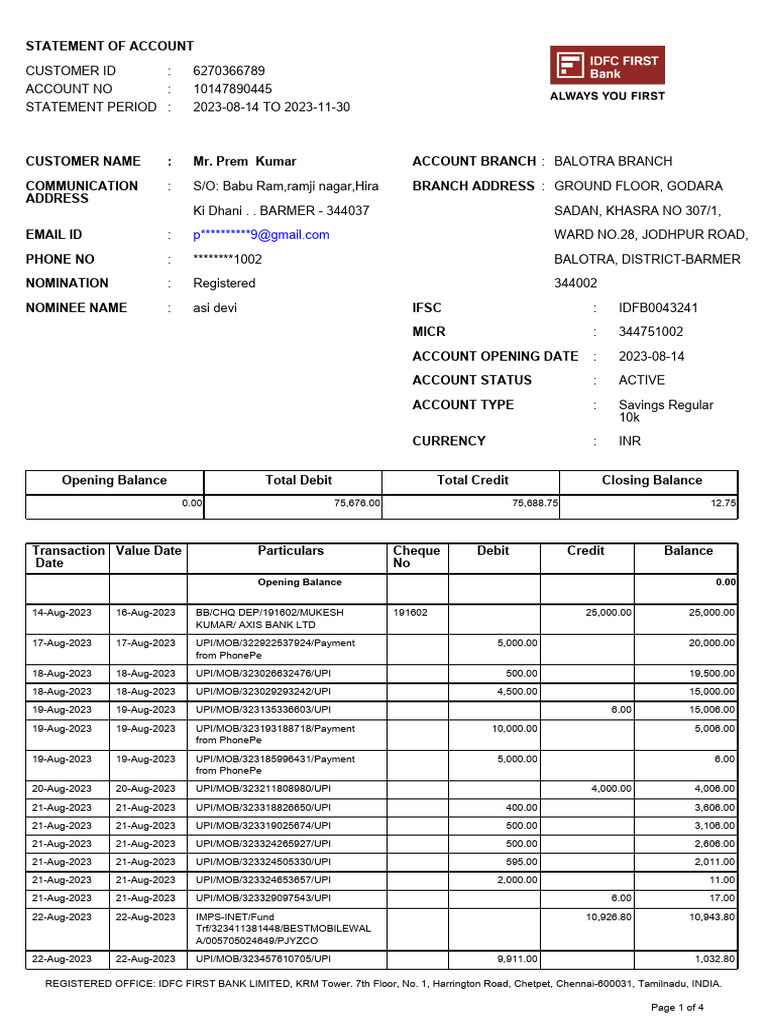 IDFCFIRSTBankstatement 10147890445 | PDF | Automated Teller Machine | Debit Card