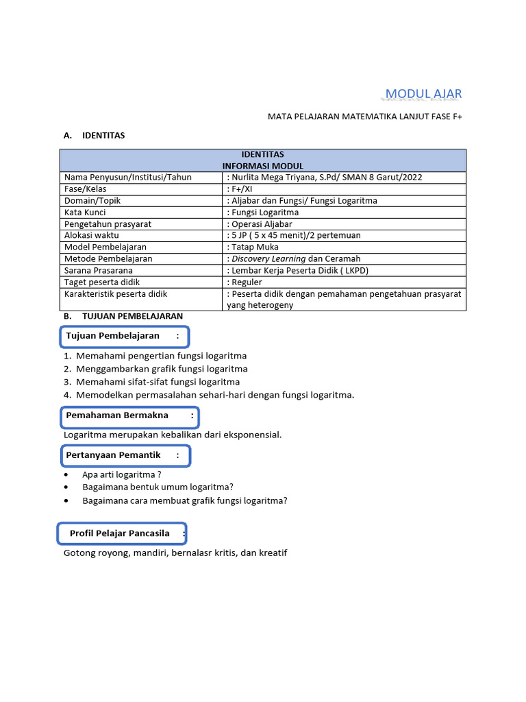 Modul Ajar Fungsi Logaritma | PDF