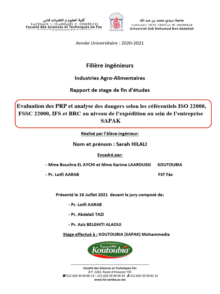 Evaluation Des PRP Et Analyse Des Dangers Selon Les Référentiels ISO ...