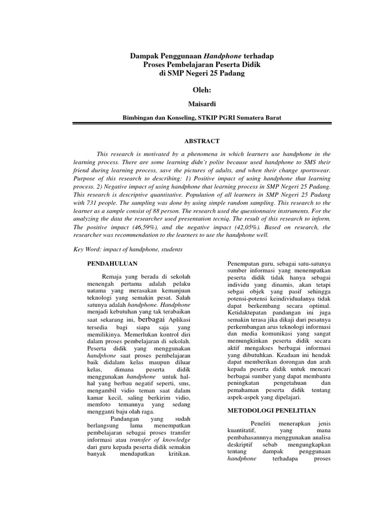 Dampak Penggunaan Handphone Terhadap Proses Pembelajaran Peserta Didik Di SMP Negeri 25 Padang | PDF