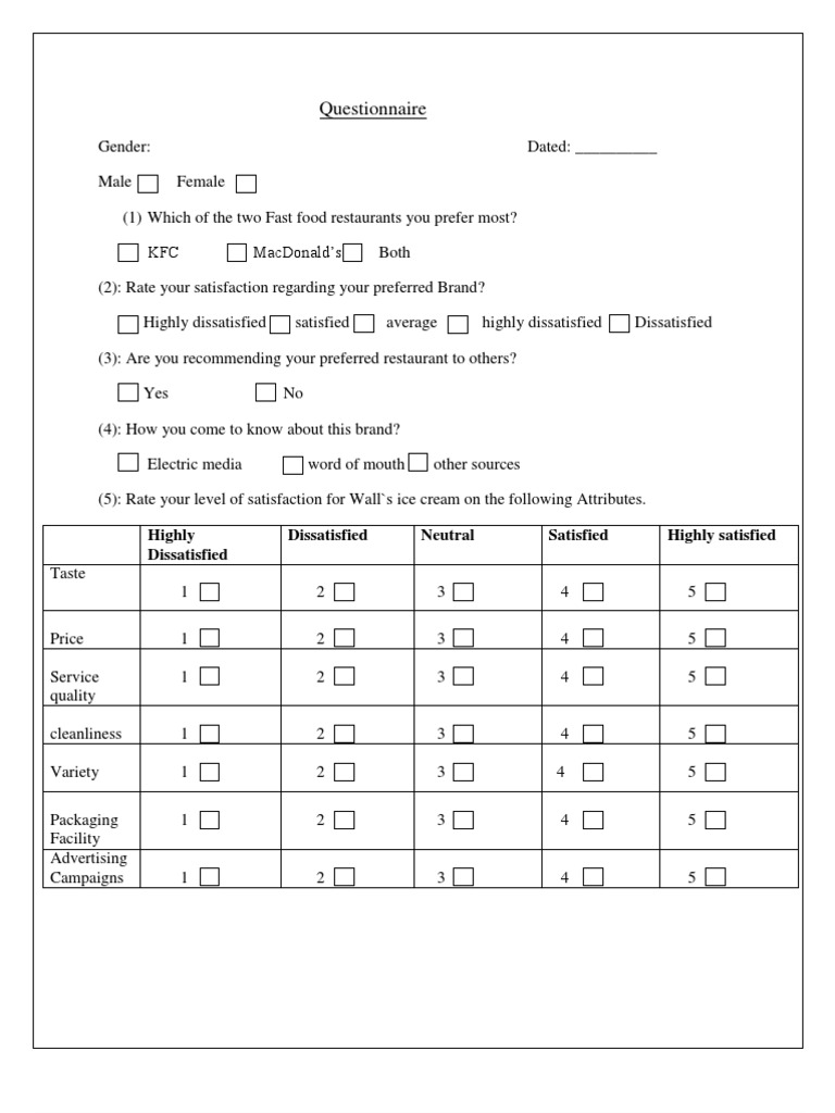 Questionnaire KFC | PDF | Restaurants | Food Industry