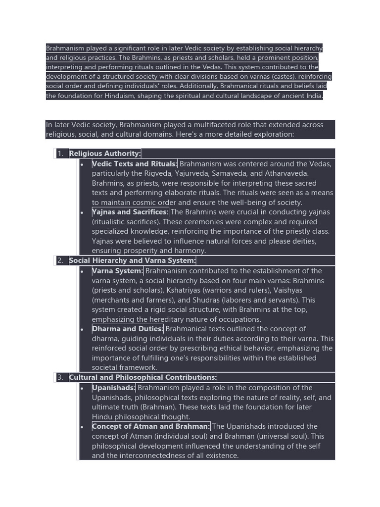 Brahmanism Played A Significant Role in Later Vedic Society by Establishing Social Hierarchy and ...