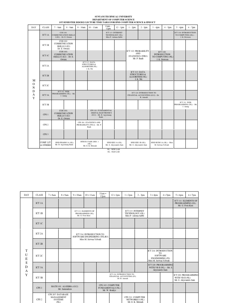 Final Time Table 2020-2021 Sem 1 | PDF | Information Technology ...