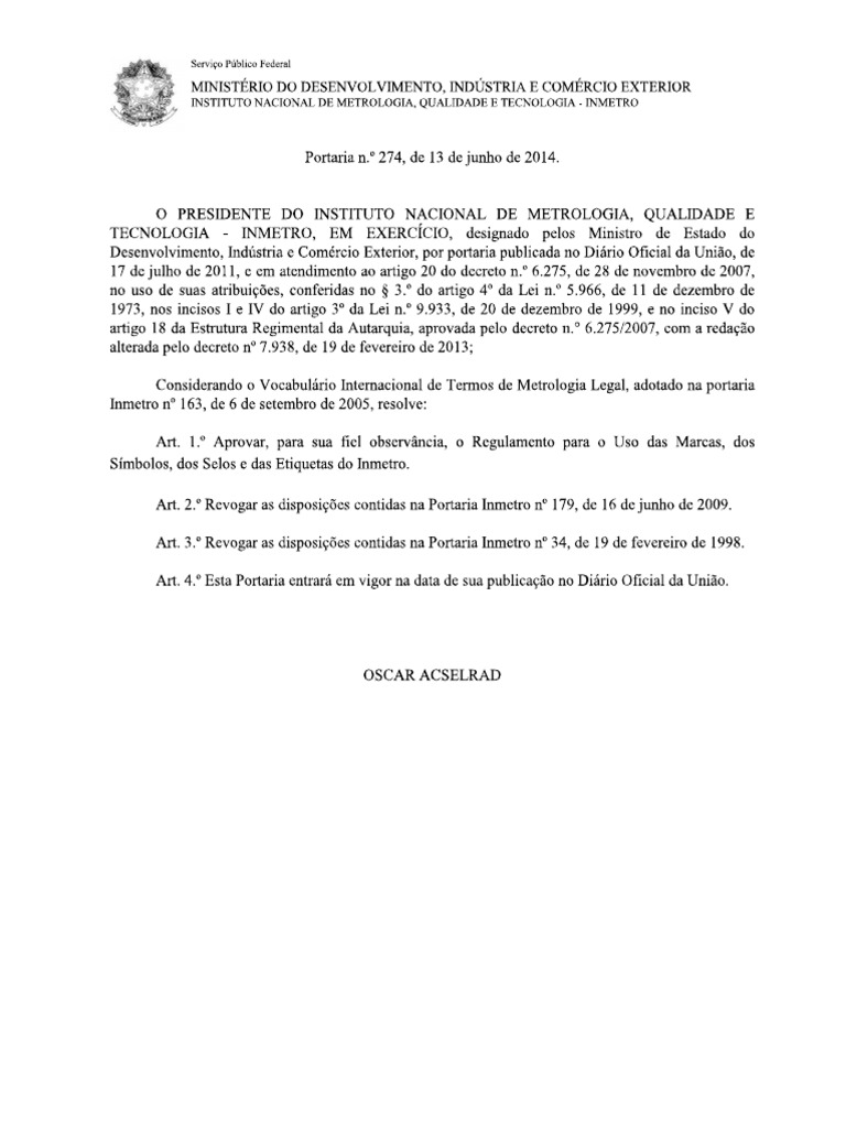 Portaria N°. 274, de 13 de Junho de 2014 - Uso Das Marcas, Dos Símbolos ...