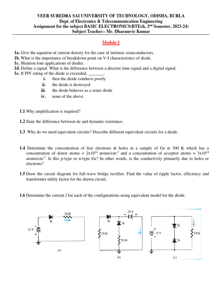 BE Assignment1 DKU2024 | Download Free PDF | Diode | Electrical Engineering