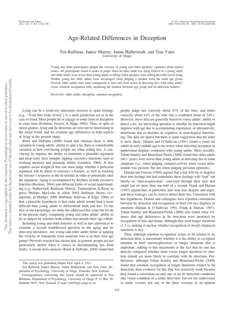 Age-Related Differences in Deception | PDF | Emotions | Psychology Age-Related Differences in Deception | PDF | Emotions | Psychology