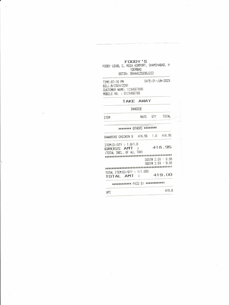 Foody's Airport Takeaway Invoice | PDF