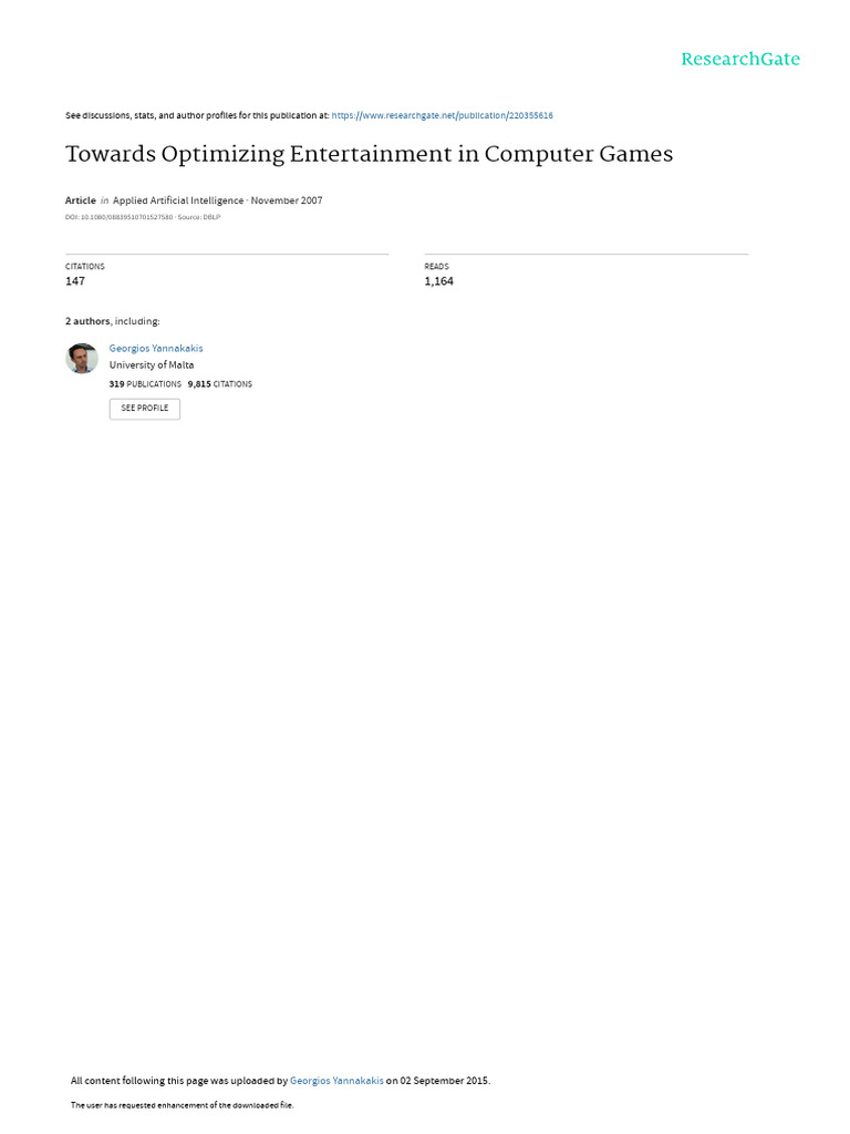 Towards Optimizing Entertainment in Computer Games | PDF | Mutation | Artificial Intelligence