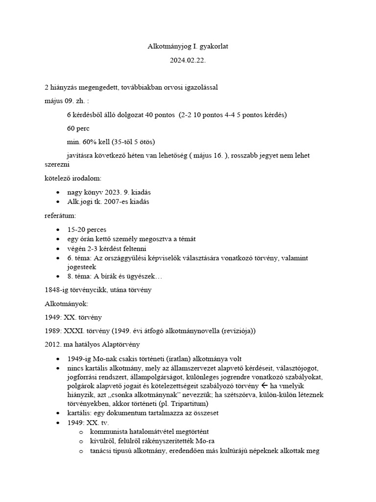 Alkotmányjog I GYAK. 2024.02.22. | PDF