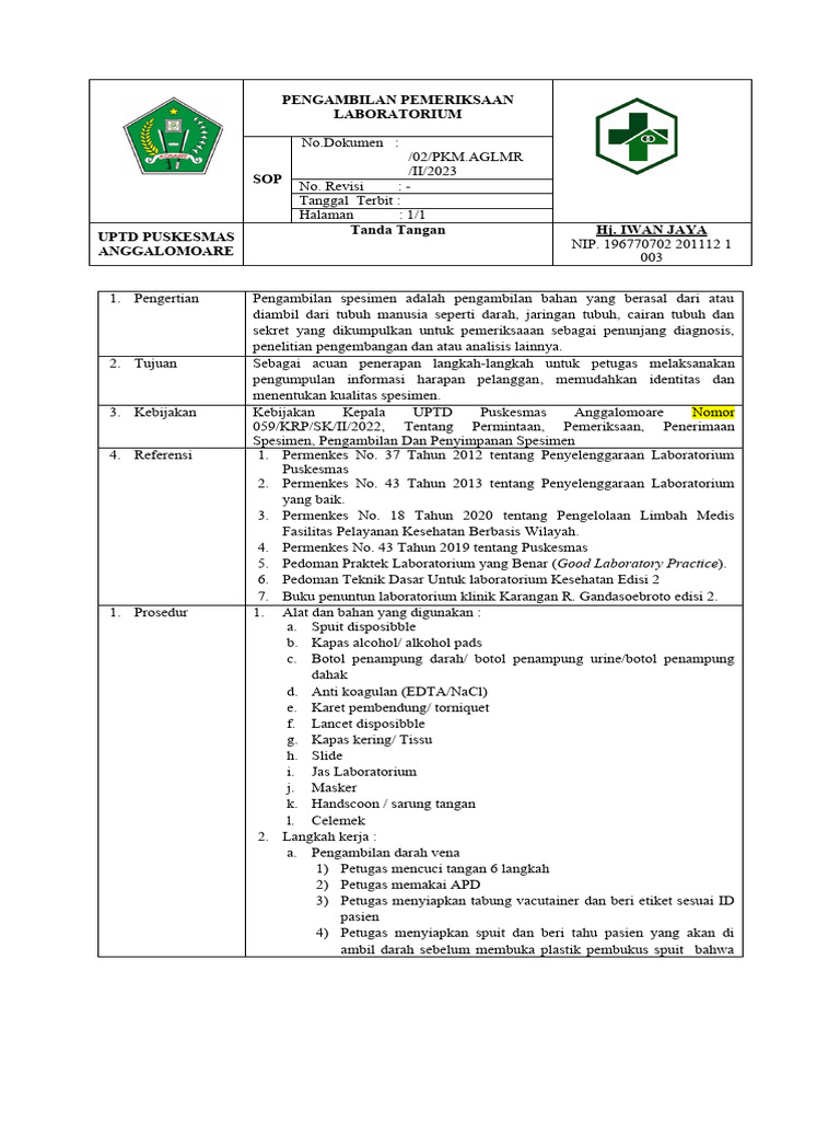 Sop Pengambilan Spesimen | PDF
