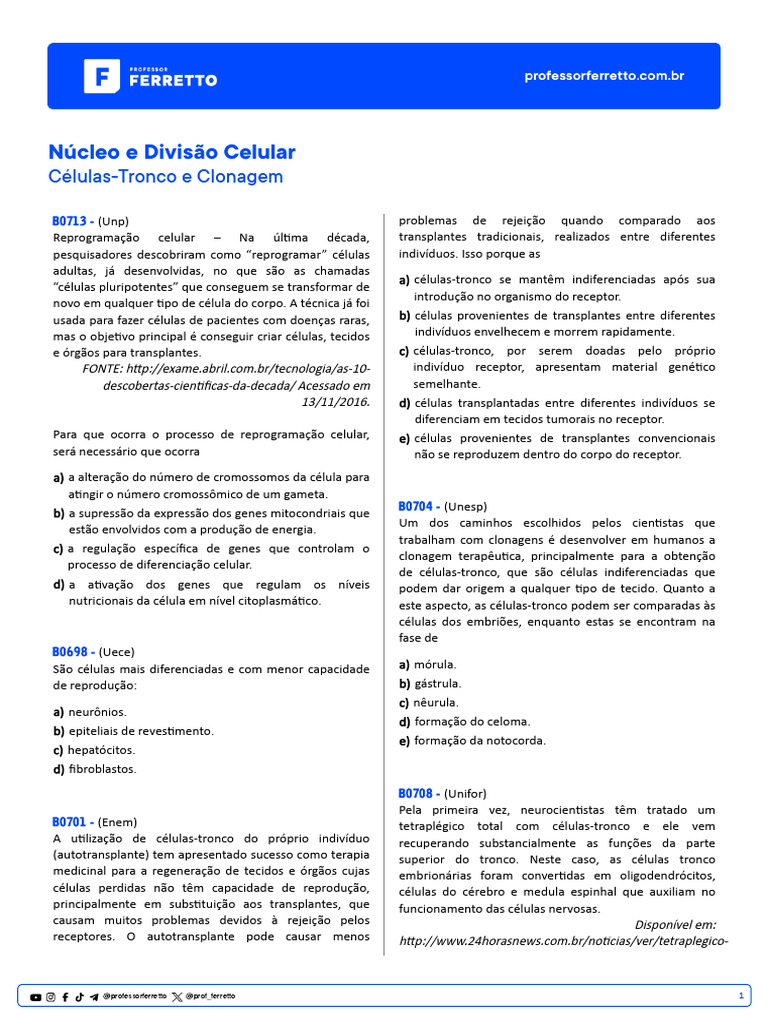 Questions - Biologia - Nucleo e Divisao Celular - Celulas Tronco e ...