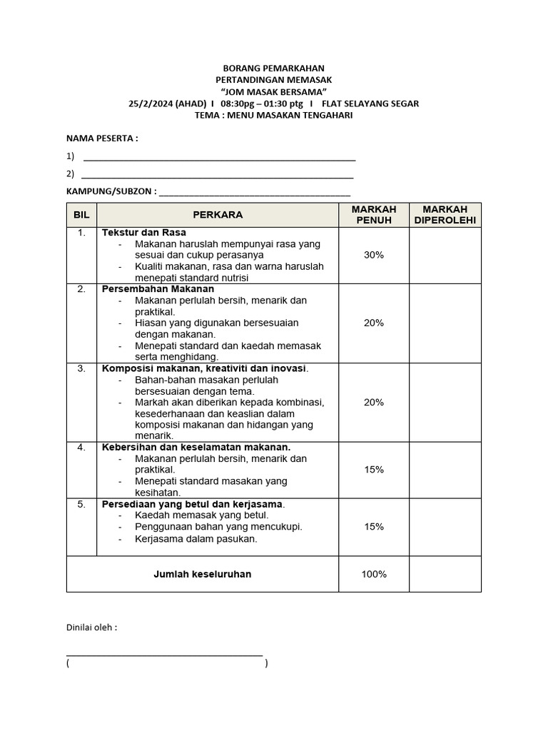 Borang Pemarkahan Pertandingan Memasak | PDF