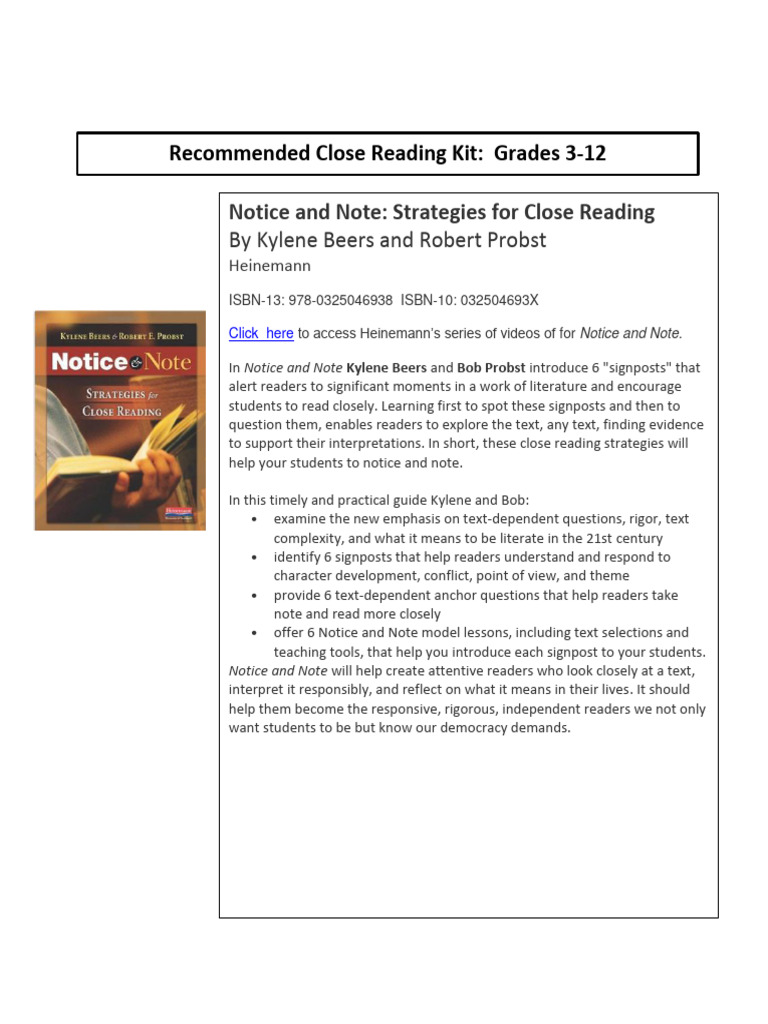 Close Reading Notice and Note | PDF