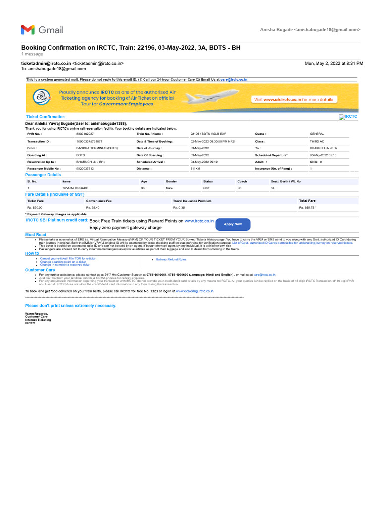 IRCTC Train Booking Confirmation | PDF | Credit Card | Debit Card