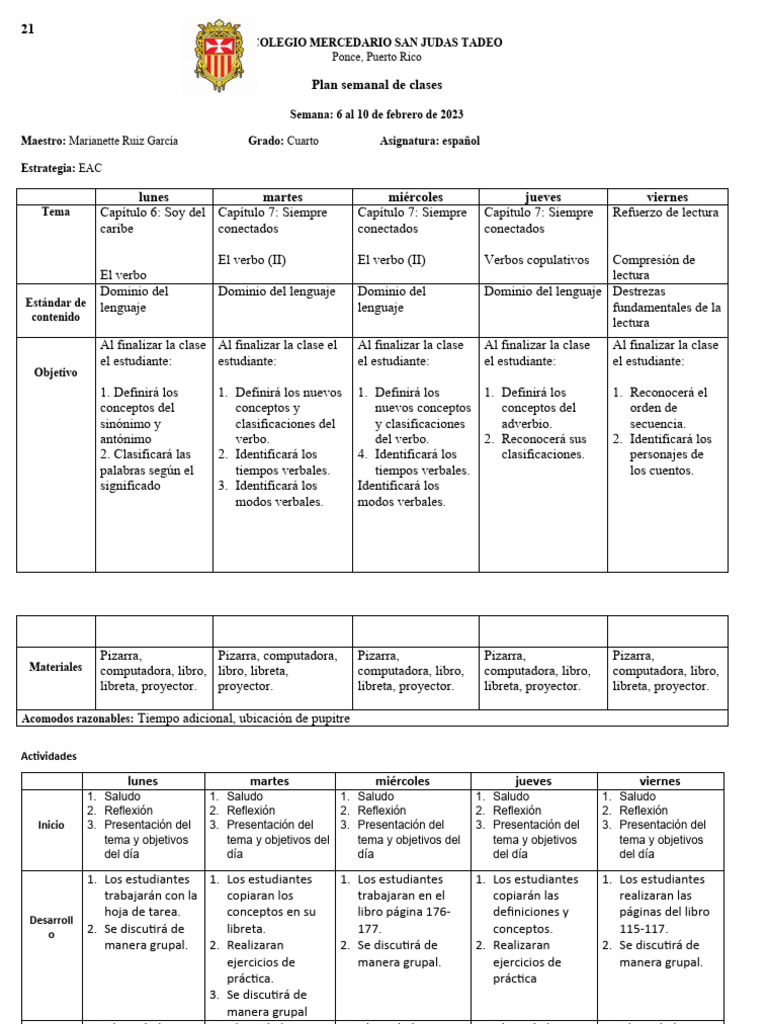 Plan Semanal Clases Español 4to Grado | PDF | Verbo | Lingüística