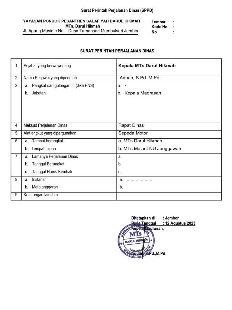 SPPD DINAS 14 Agustus 2023 | PDF