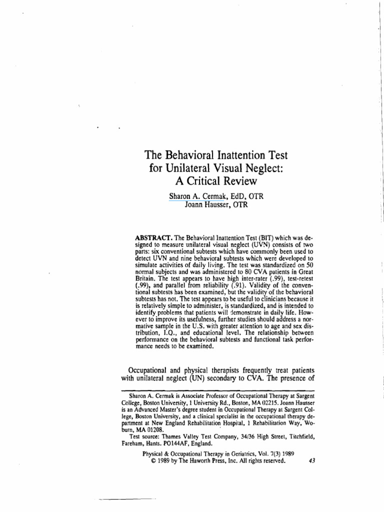 Behavioral Inattention Test For Unilateral Visual Neglect | PDF ...