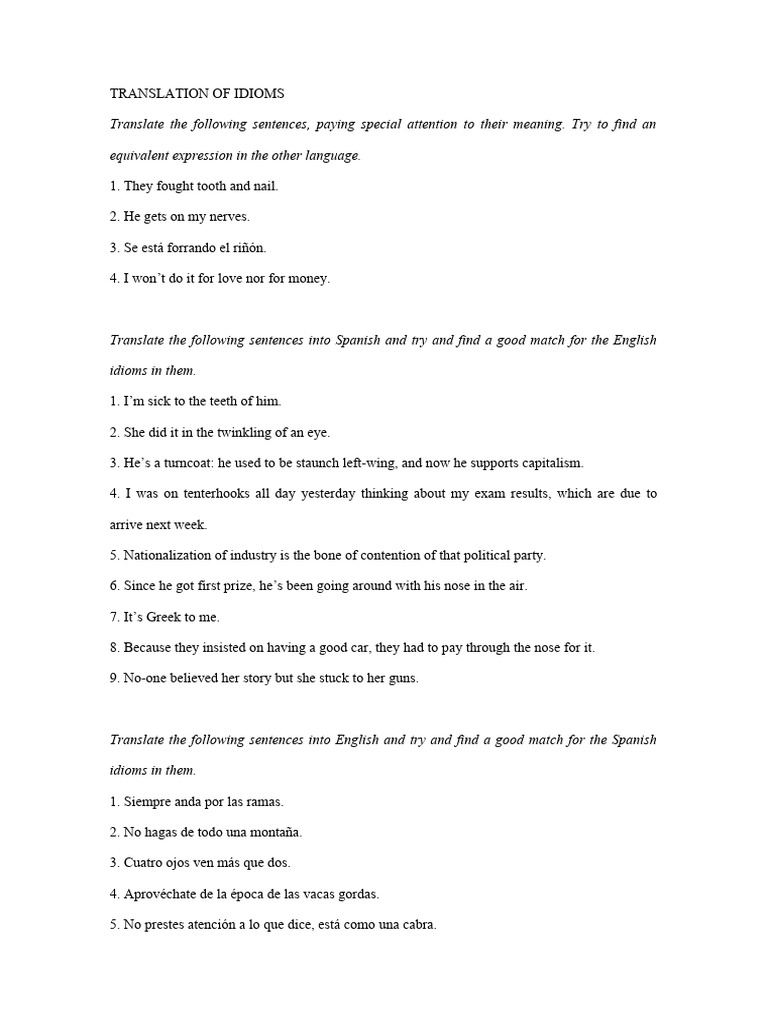 Idiom Translation Guide: English to Spanish | PDF | Foreign Language ...