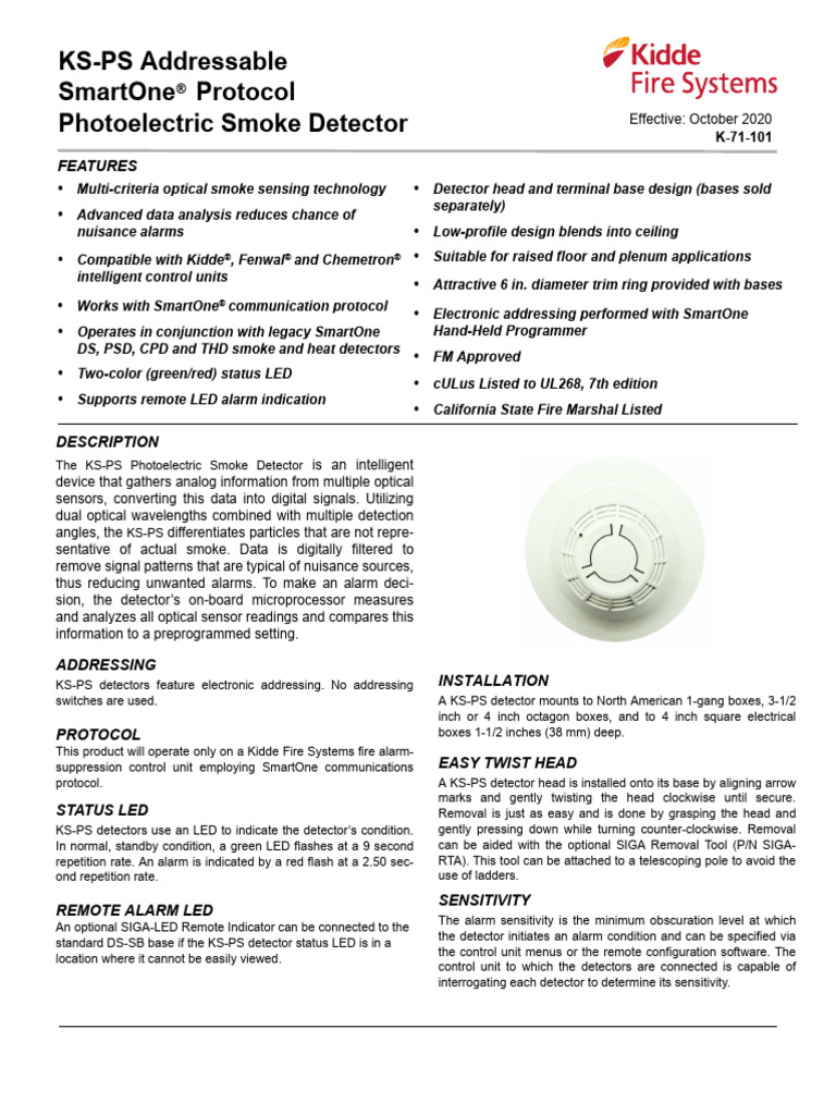 Kidde KS-PS SmartOne Addressable Photoelectric Smoke Detector K-71-101 ...