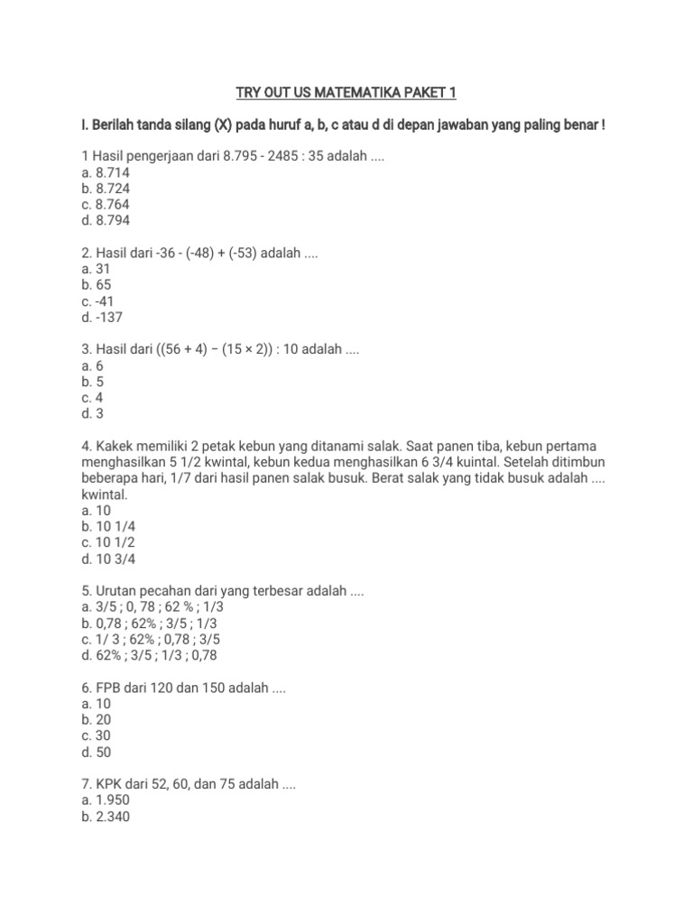 Try Out US MTK SD Paket 1 | PDF