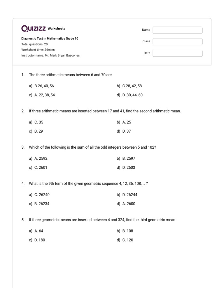 Grade 10 Math Diagnostic Test Worksheets | PDF | Circle | Mean