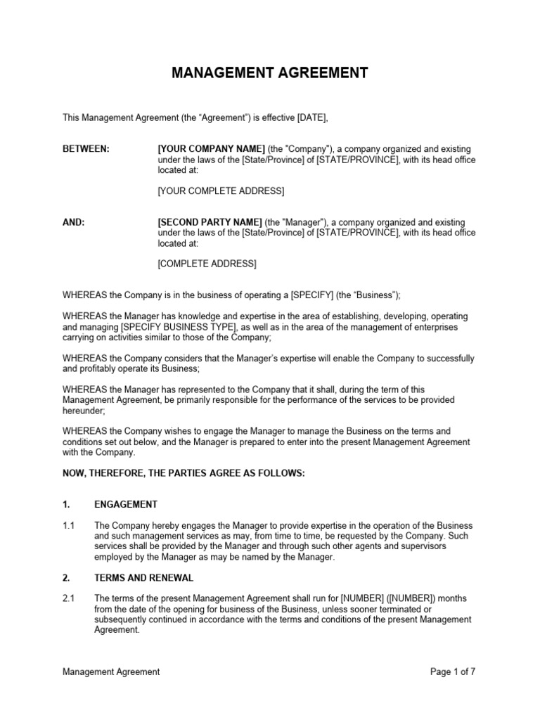 Management Agreement for Business Operations | PDF