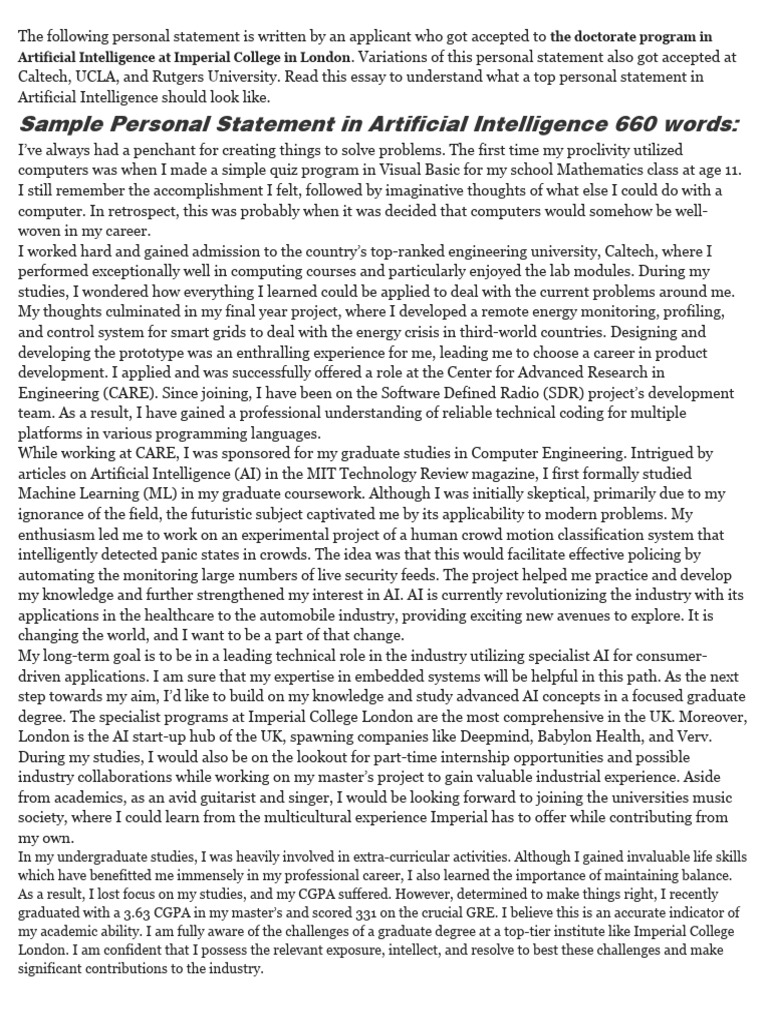 Sample Artificial Intelligence at Imperial College in London | PDF ...