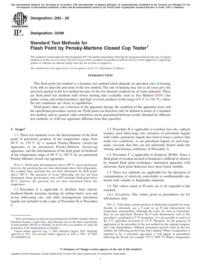 d93-20 - Standard Test Methods For Flash Point by Pensky-Martens Closed ...