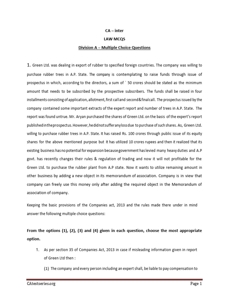 CA Inter Law Case Study MCQ Questions 1620378260 | PDF | Law