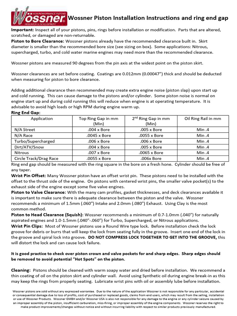 Wossner Piston Installation Instructions and Ring End Gap | PDF ...