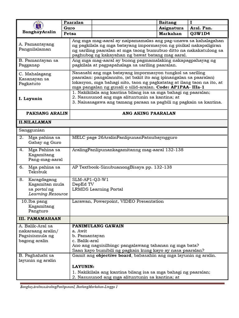Paaralan Baitang I Guro Asignatura Aral. Pan. Petsa Markahan Q3W1D4 | PDF