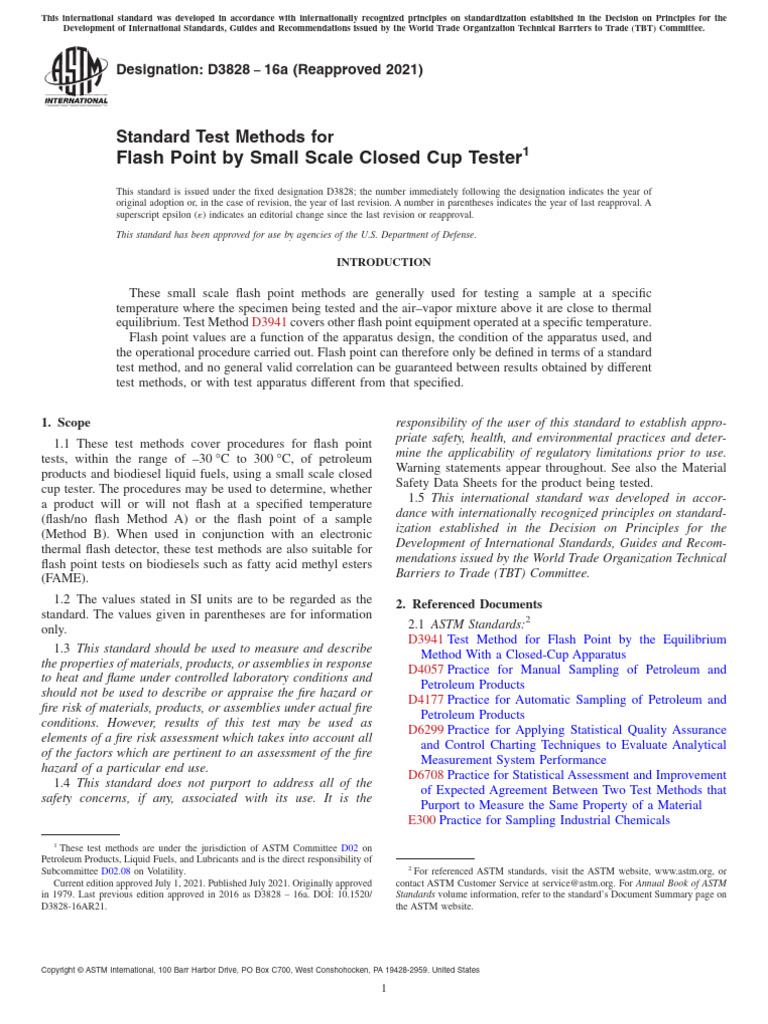 Flash Point by Small Scale Closed Cup Tester: Standard Test Methods For ...