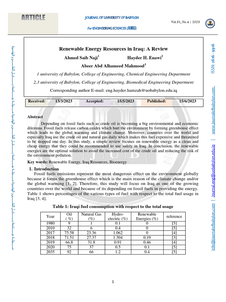 Renewable Energy Resources in Iraq: A Review: Ahmed Saib Naji Hayder H ...