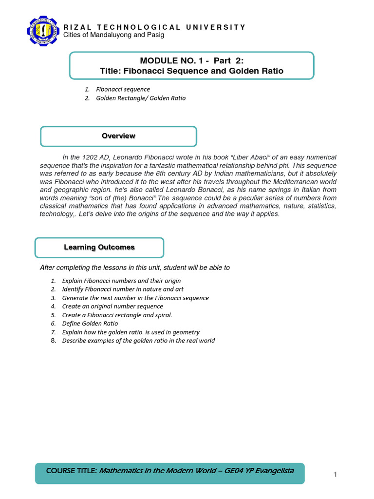 2022-23 MMW MODULE 1 Part 2 - Fibonacci and Golden Ratio | PDF 2022-23 MMW MODULE 1 Part 2 - Fibonacci and Golden Ratio | PDF