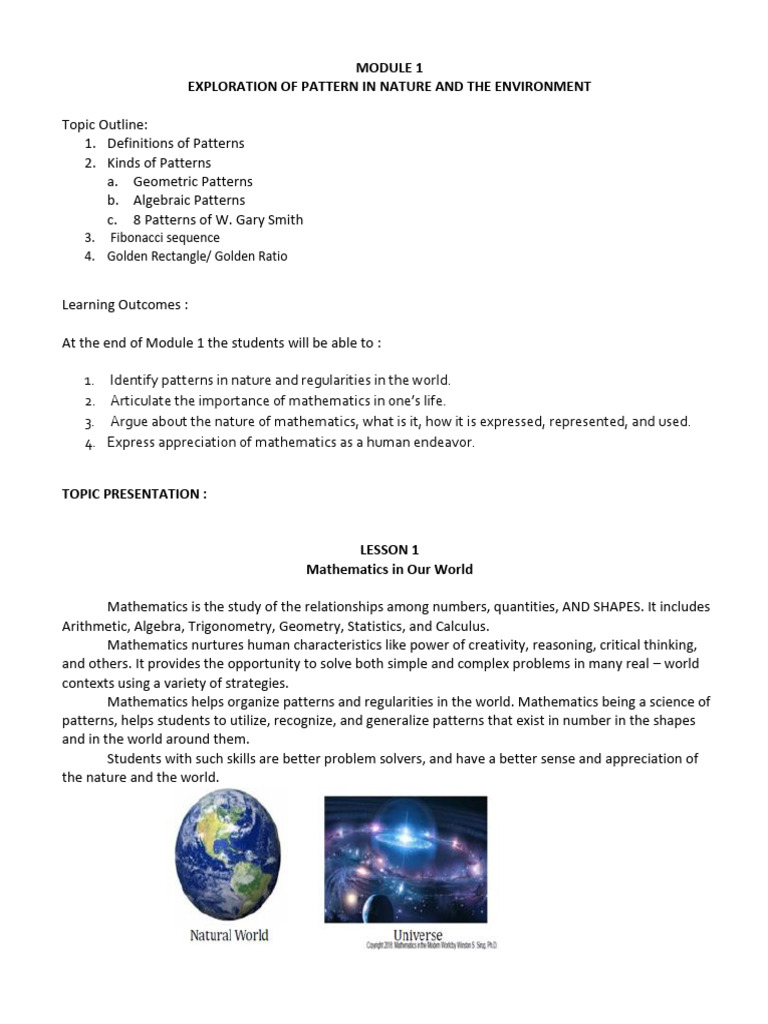 2022-23 MMW - Module-1 Exploration of Pattern in Nature and The Environment | PDF | Teaching ...