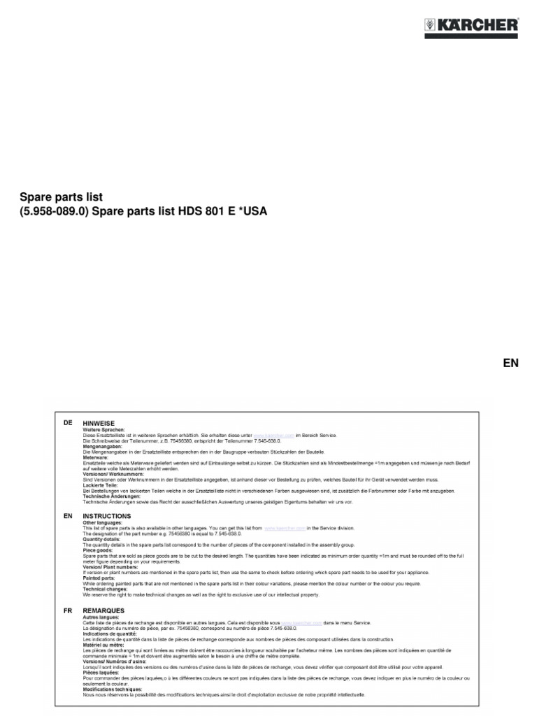 HDS 801 E Spare Parts List | PDF | Washer (Hardware) | Pump