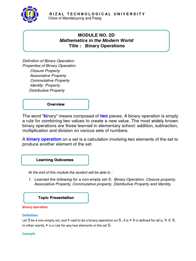 23 24 Mmw Module 2d Binary Operations Pdf Elementary Mathematics Algebra 